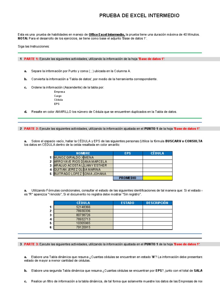 Prueba de Excel Intermedio | PDF | Microsoft Excel | Office Suites para ...