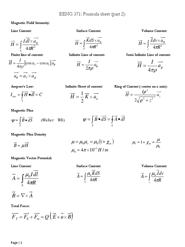 EENG 371 Magnetic Field Formulas | PDF | Magnetic Field | Physics