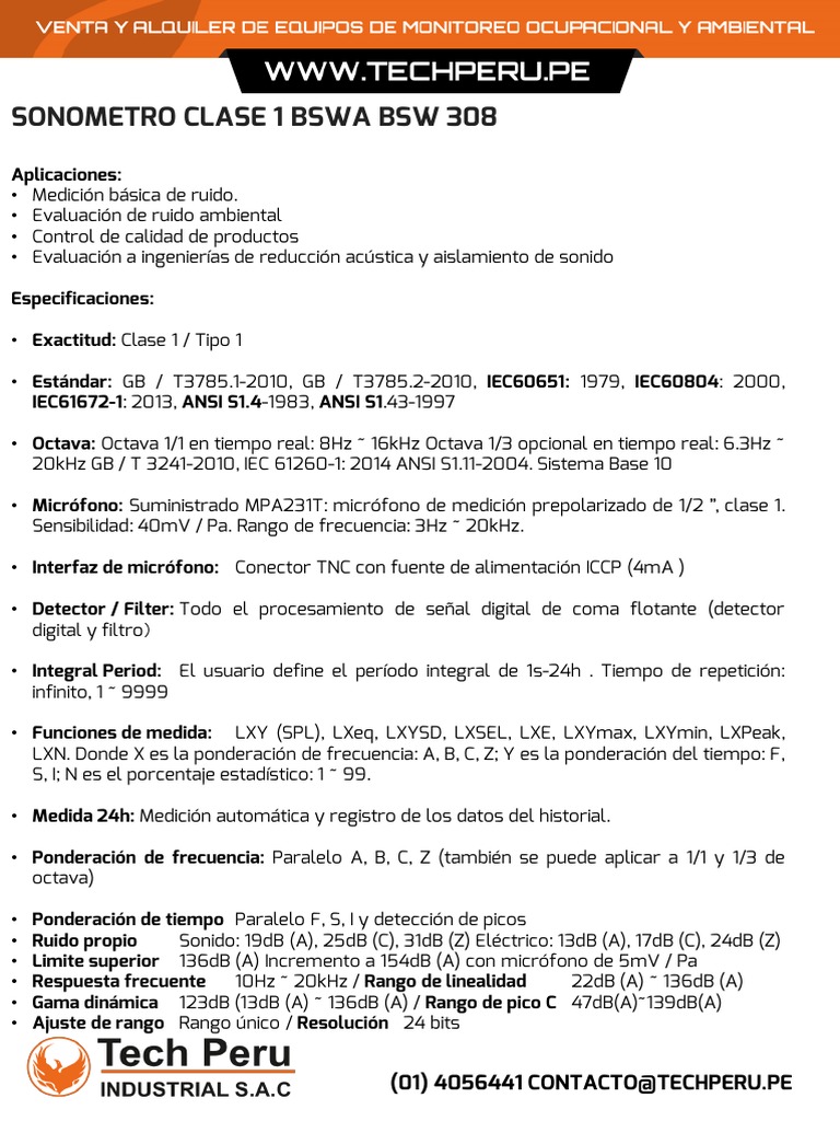 Datasheet Sonometro Clase 1 Bswa BSW 308 Español | PDF