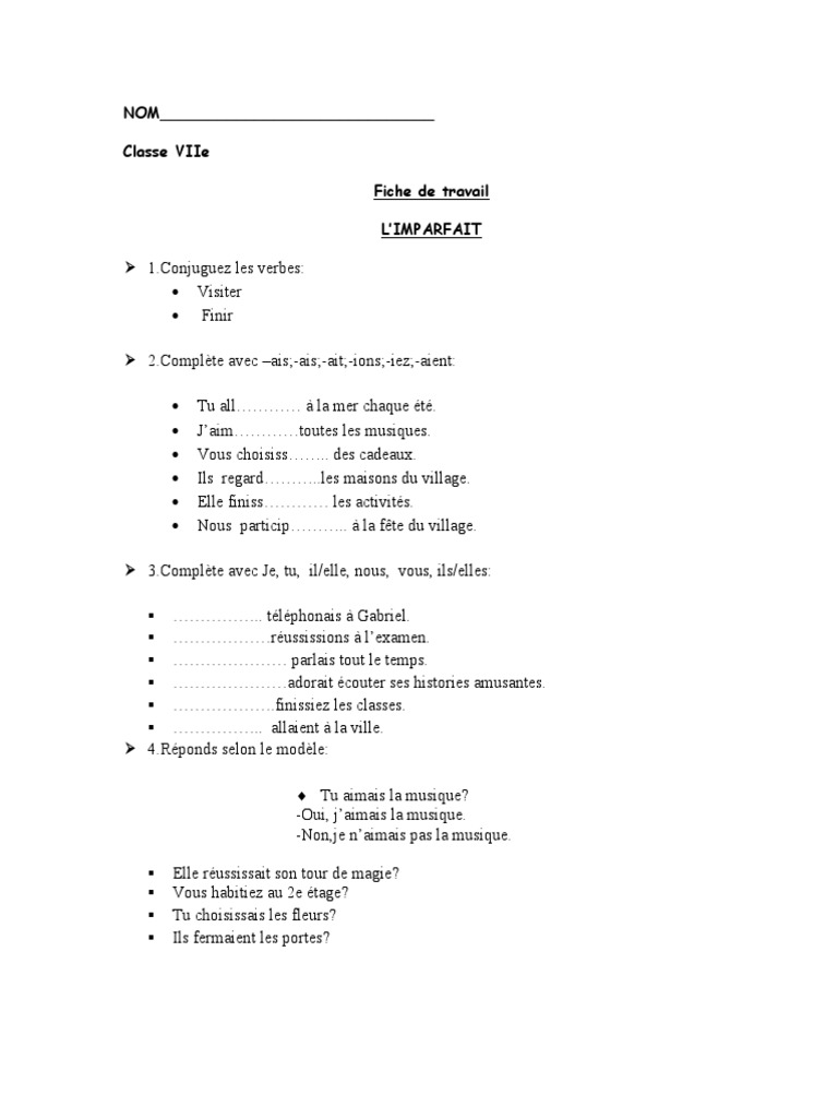 Fiche de travail sur l'imparfait | PDF | Art