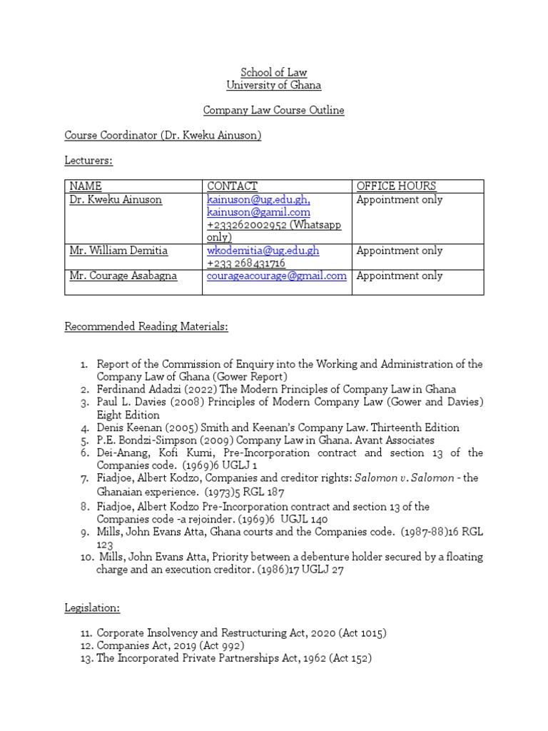 Company Law Course Outline Ghana | PDF | Liquidation | Corporate Law