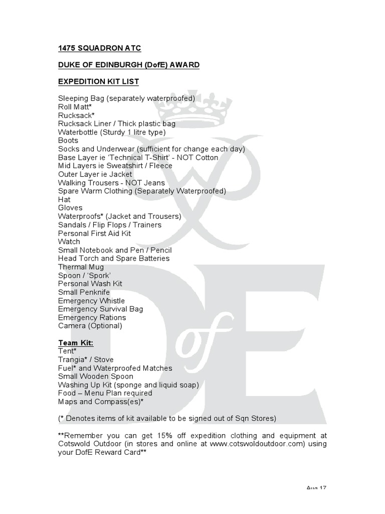 DofE Expedition Kit List | PDF DofE Expedition Kit List | PDF