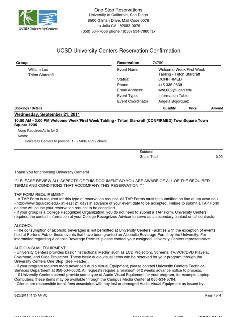 UCSD University Centers Reservation Confirmation: One Stop Reservations ...