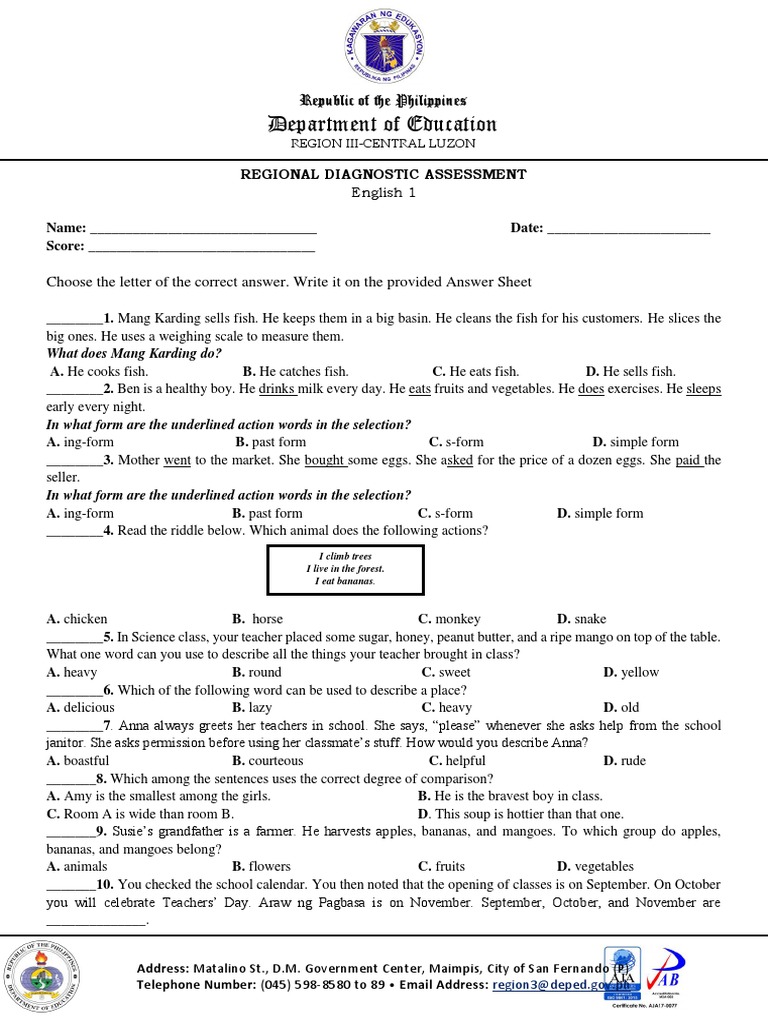 Regional Diagnostic Assessment English 1 Test | PDF | Punctuation
