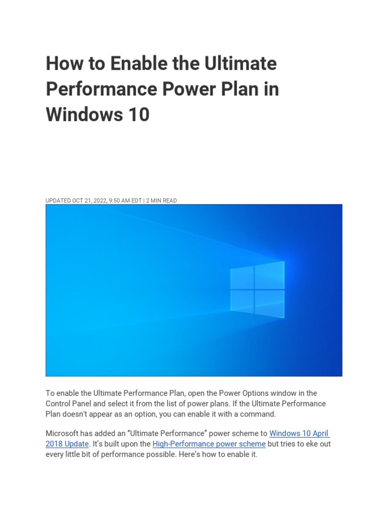 Enable Ultimate Performance Power Plan | PDF | Windows 10 | Microsoft ...