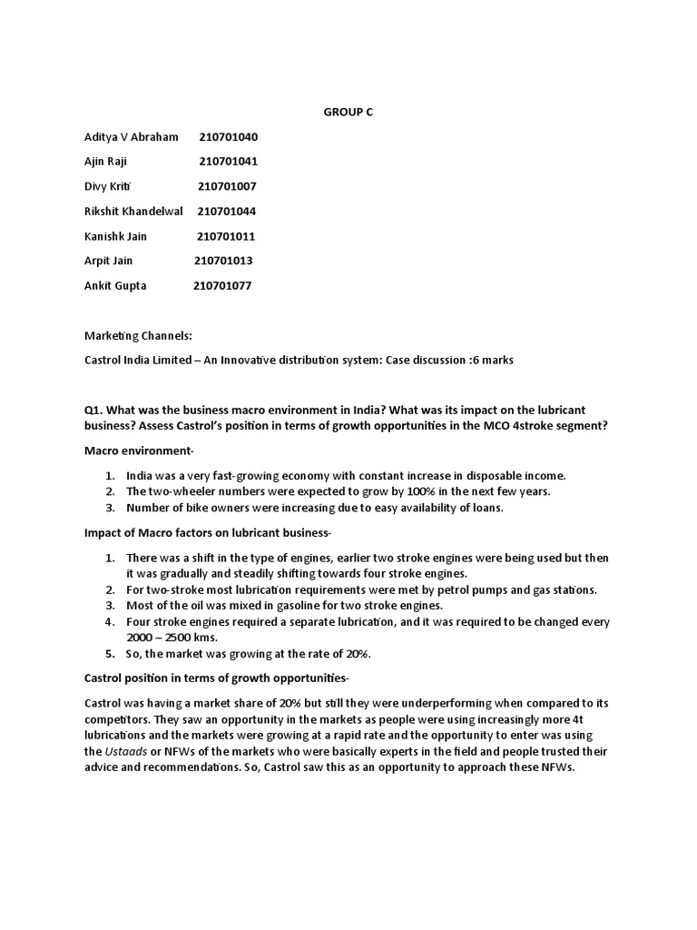 Marketing Channels Case Questions Castrol | PDF | Economies