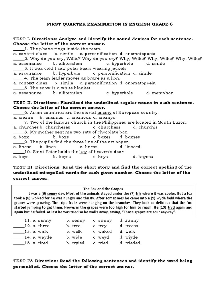 1st Quarter Test in English 6 | PDF | Linguistics