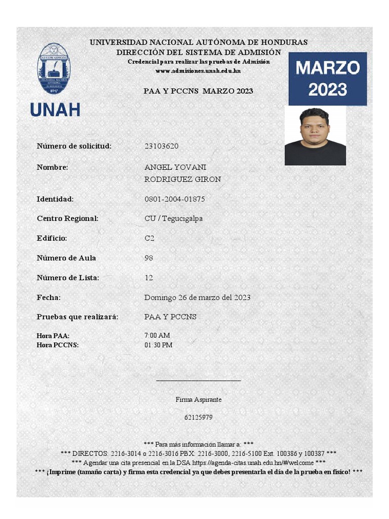 UNAH Admisiones, Credencial PDF | PDF