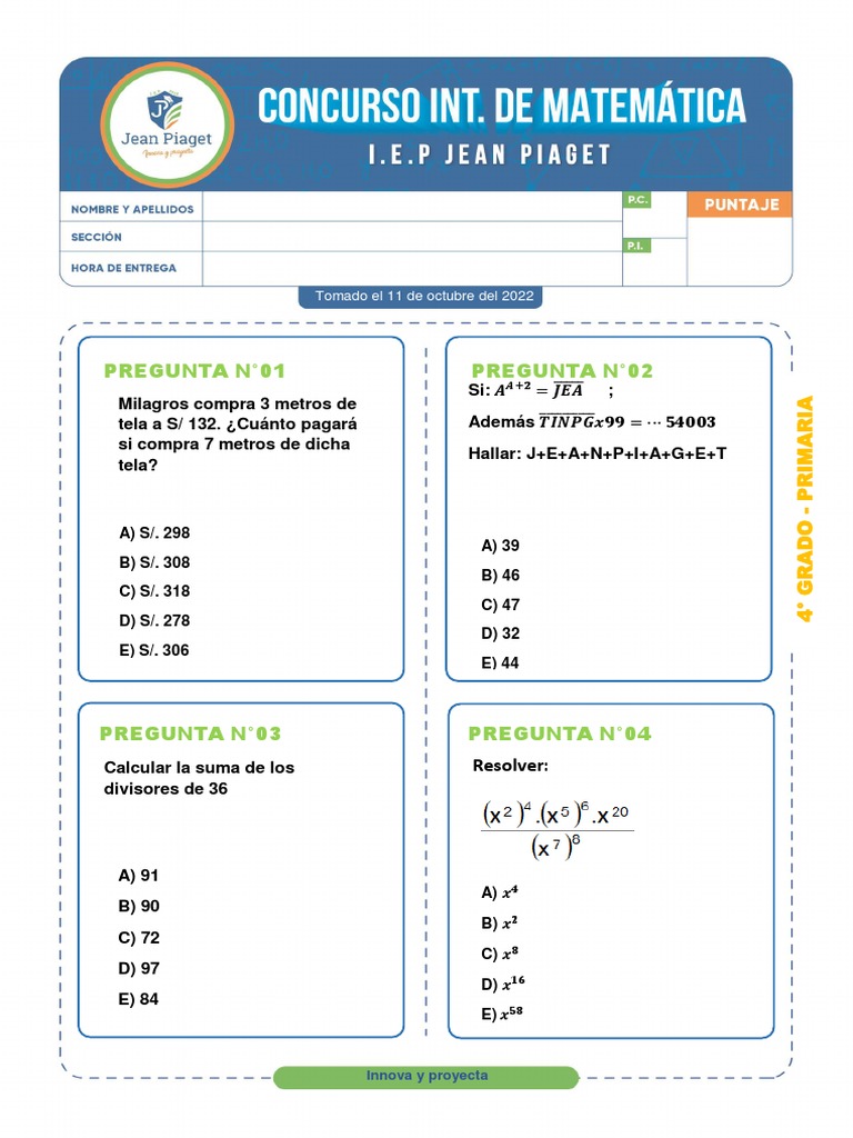Concurso de Matematicas 4to de Primaria PDF | PDF