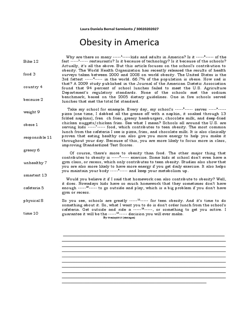 Obesity Reading Comprehension Pdf Obesity Nutrition