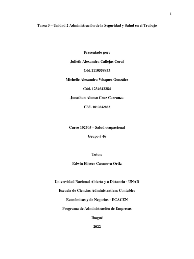 Tarea 3 - Unidad 2 - Administración de La Salud y Seguridad en El Trabajo - Grupo 46 | PDF ...