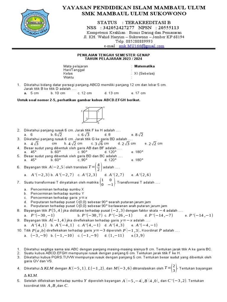 Soal PTS Genap Xi Matematika | PDF