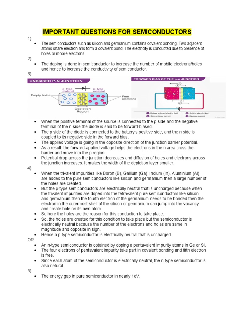 Semiconductors Important Questions | PDF | Semiconductors | P–N Junction