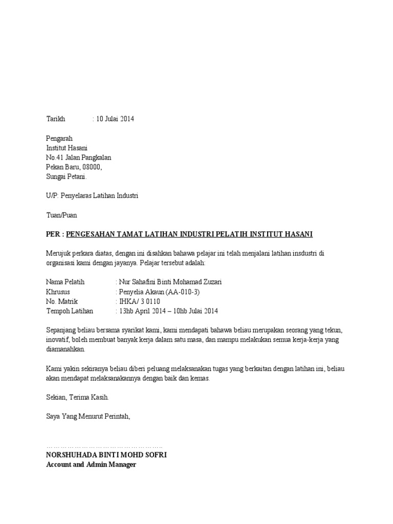 Surat Tamat LAtihan Industri | PDF