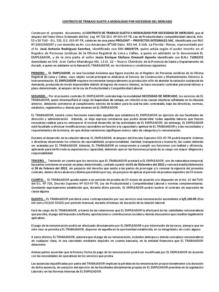 Contrato de Trabajo Sujeto A Modalidad Por Necesidad Del Mercado - Orezzoli Aponte Jesus PDF ...