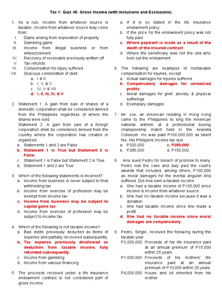 Tax 1 - Quiz #6 - Gross Income (With Inclusions and Exclusions) | PDF ...