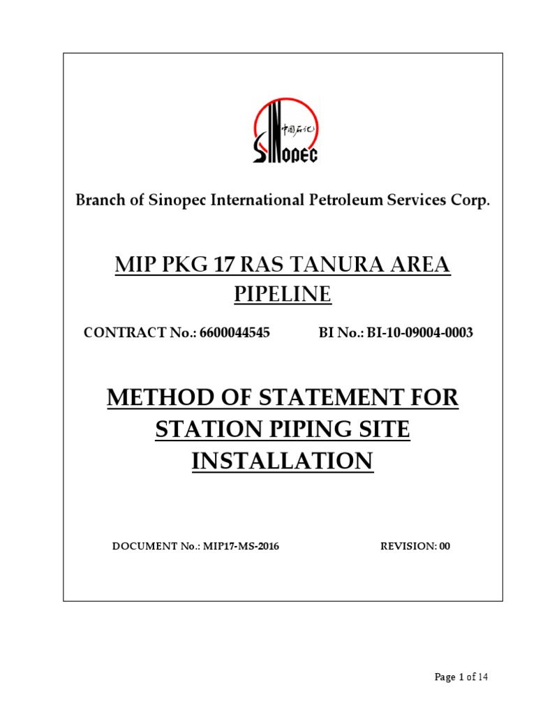 MIP17-MS-2016 Method Statement For Station Piping Site Installation ...