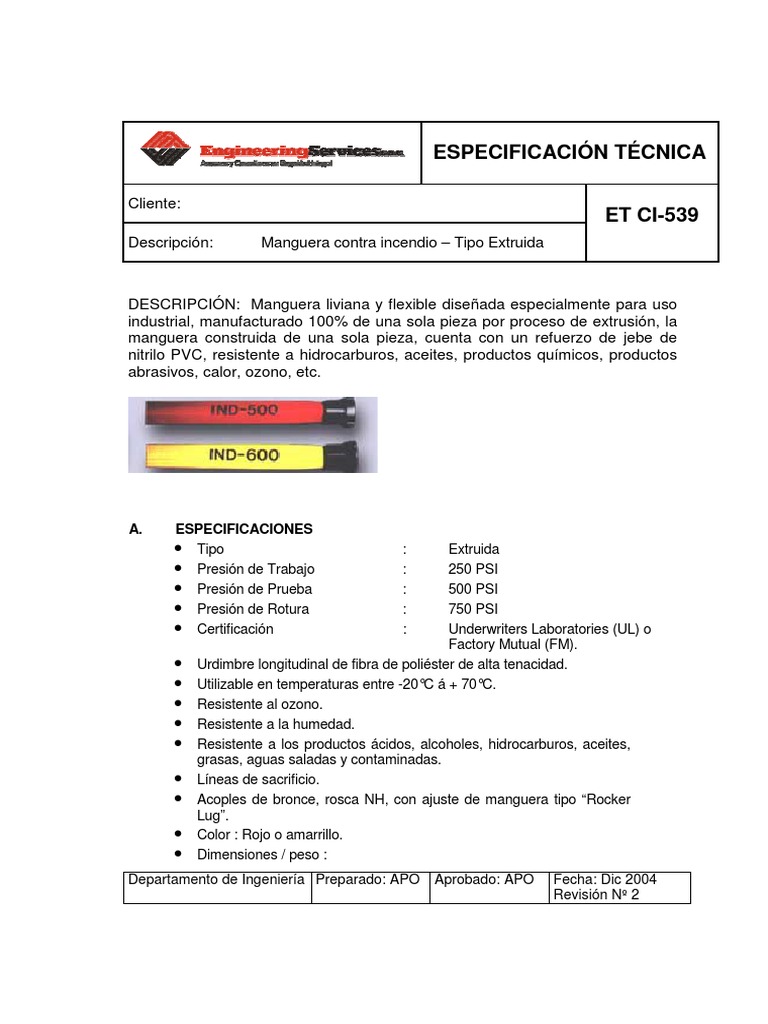 Manguera Contra Incendio UL 10B | PDF | Extrusión | Ingeniería de Procesos