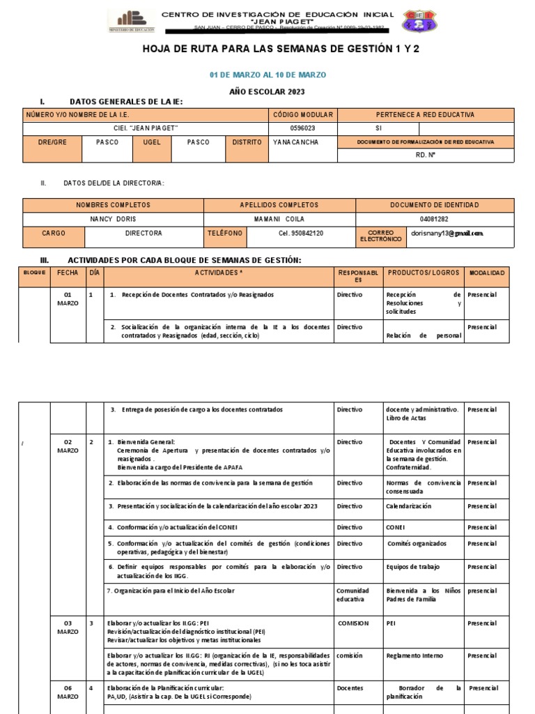 Hoja de Ruta de Ie Semana de Gestión 2023 Final | PDF | Evaluación | Planificación