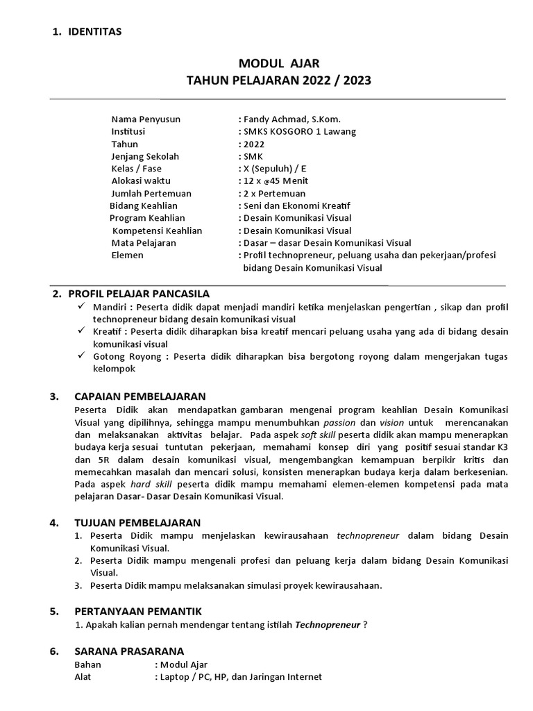 Modul Ajar - DDKV - Fandy | PDF