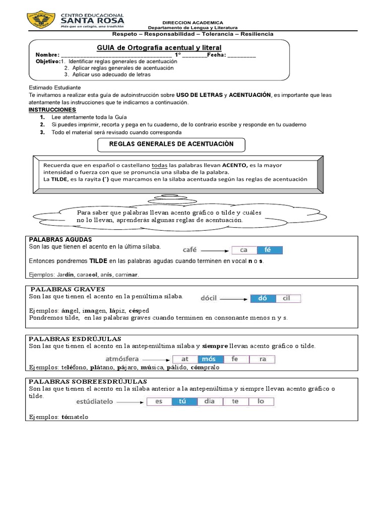 Guia Autoinstruccion de Ortografia Acentual y Literal 1° Medio 2020 | PDF | Idiomas | Estudios ...