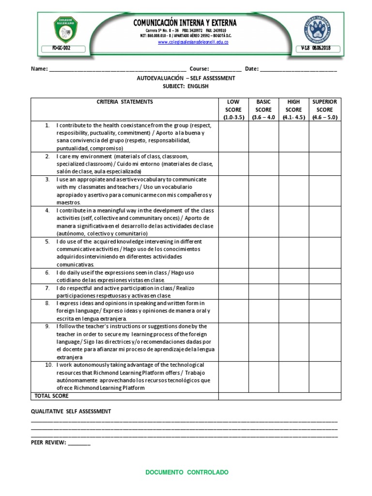 Self Evaluation Rubric Pdf