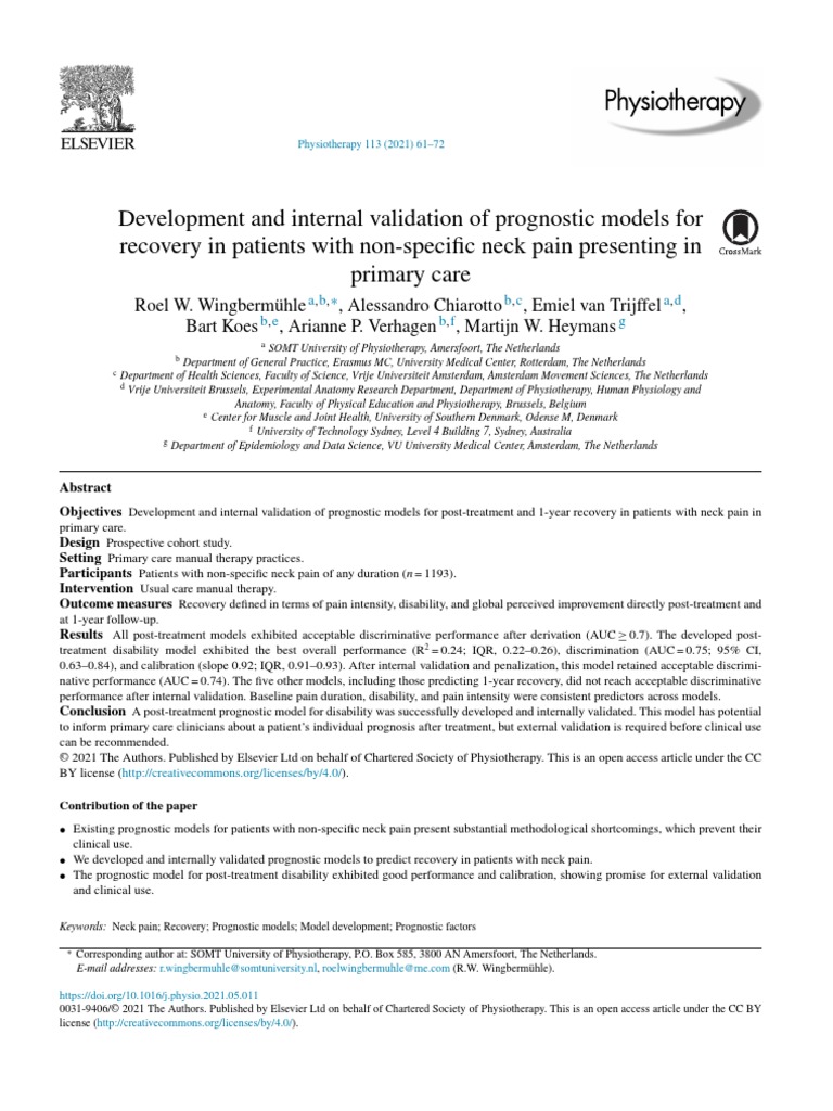 Development And Internal Validation Of Prognostic Models For Rec 2021 Physio Pdf