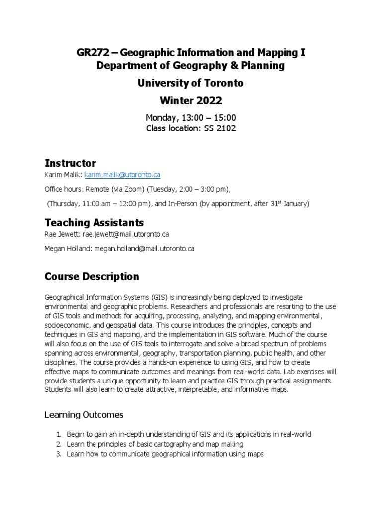 GGR272 - W2022-Syllabus-1 | PDF | Geographic Information System | Arc Gis
