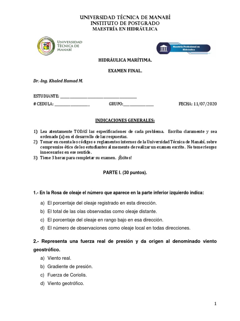 Examen Final - Hidráulica Marítima | PDF | Marea | Herida