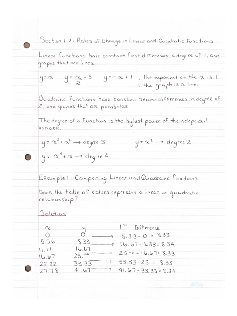 Section 1.2 Rates of Change in Linear and Quadratic Functions | PDF