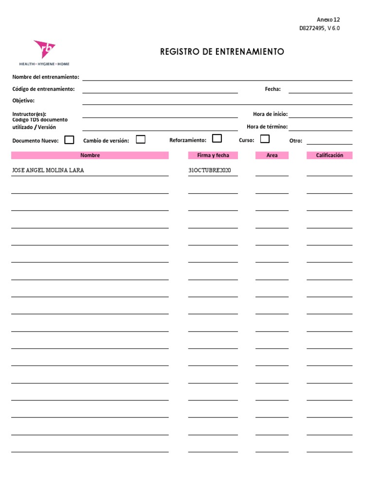 Anexo 12 Formato Registro de Entrenamiento | PDF