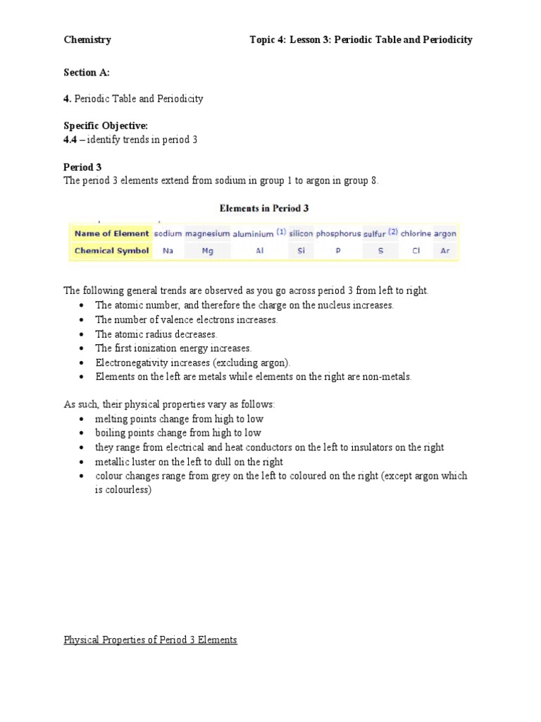 Trends in Period 3 Elements of the Periodic Table | PDF
