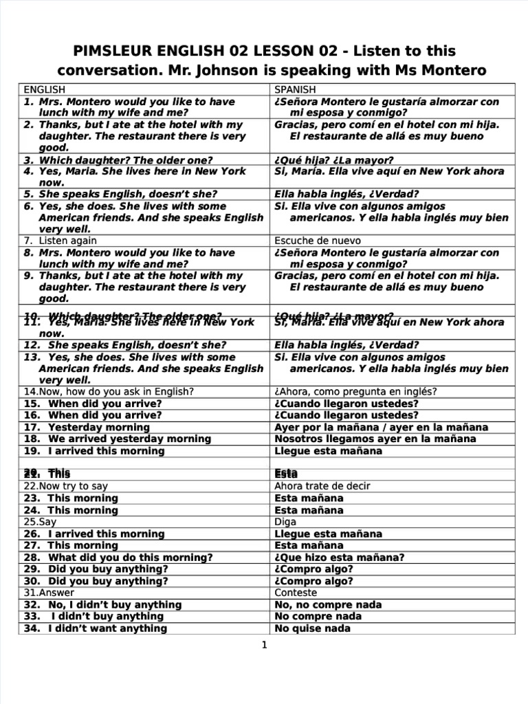 PDF Pimsleur English 02 Lesson 02 Listen To This Conversation MR Johnson Is Speaking With Ms ...