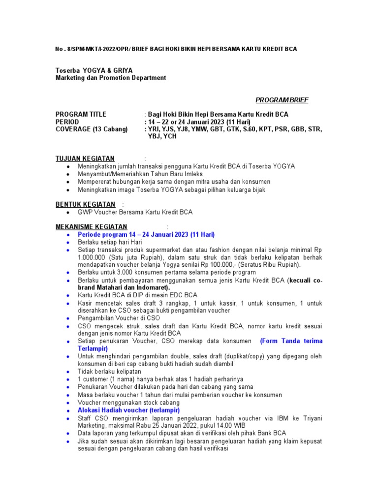 Brief Bagi Hoki Bikin Hepi Bersama KK BCA (14 - 24 Jan 2023) | PDF