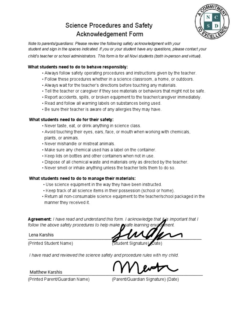 Science Procedures and Safety Acknowledgement Form 3 | PDF