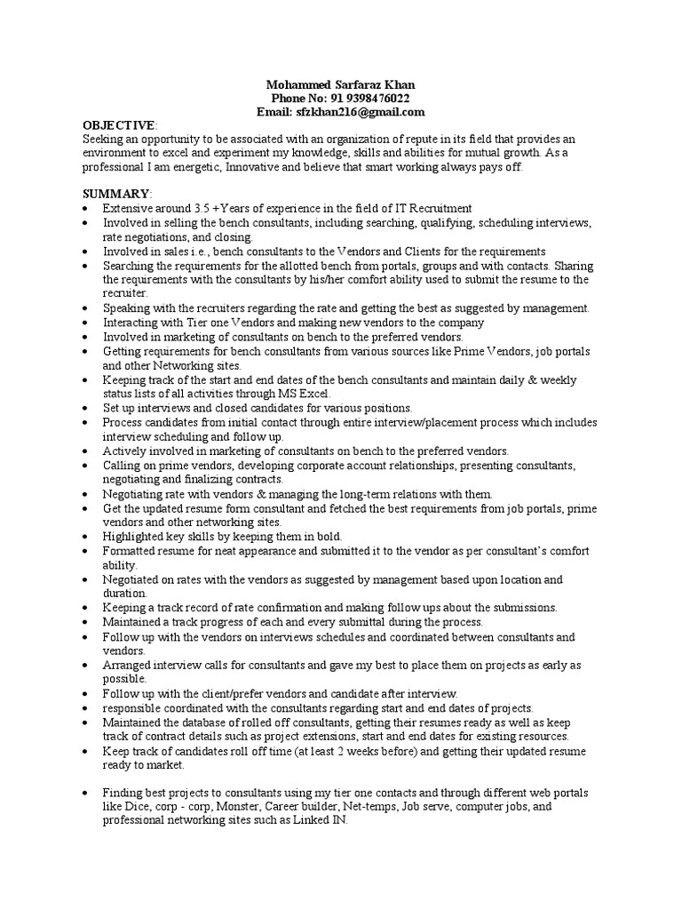 Sarfaraz Khan-Bench Sales Recuriter-1 | PDF | Consultant | Recruitment