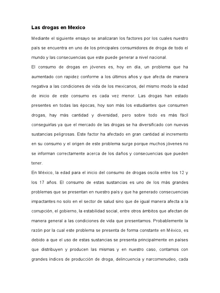 Ensayo Drogas en Mexico | PDF | La dependencia de sustancias | Comercio ilegal de drogas