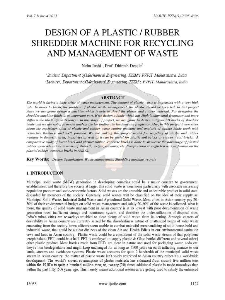 Waste Shredder Design for Recycling | PDF | Plastic | Waste