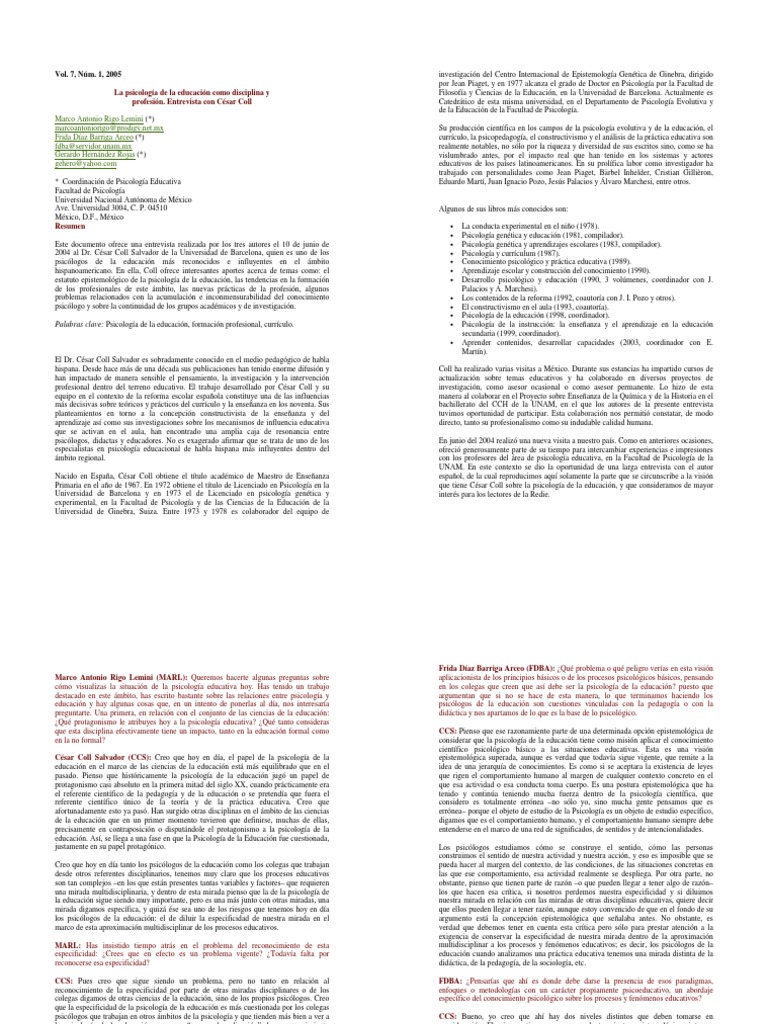 La psicología de la educación hoy: Una entrevista con César Coll | PDF | Sicología | Conocimiento