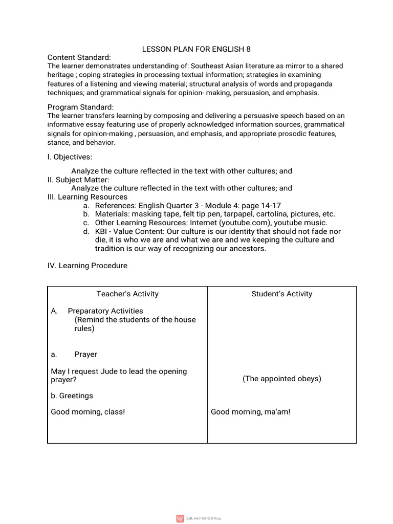 English 8 Lesson Plan: Culture Analysis | PDF | Sita