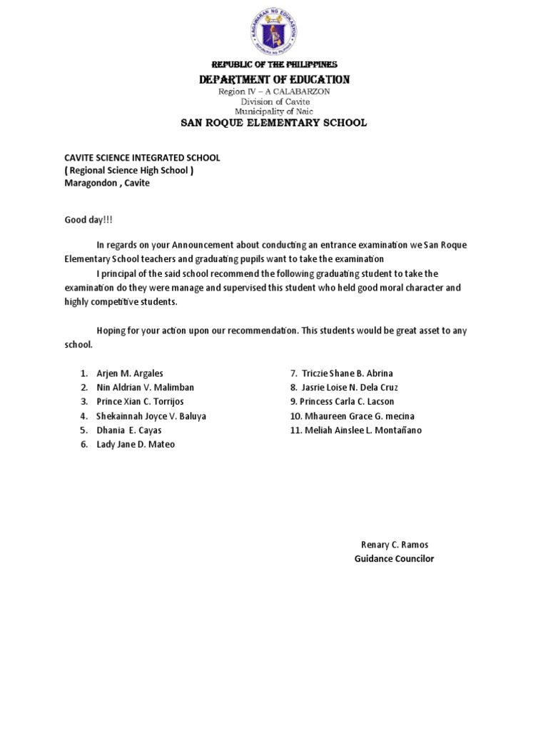 CAVITE SCIENCE INTEGRATED SCHOOL Recom Letter | PDF