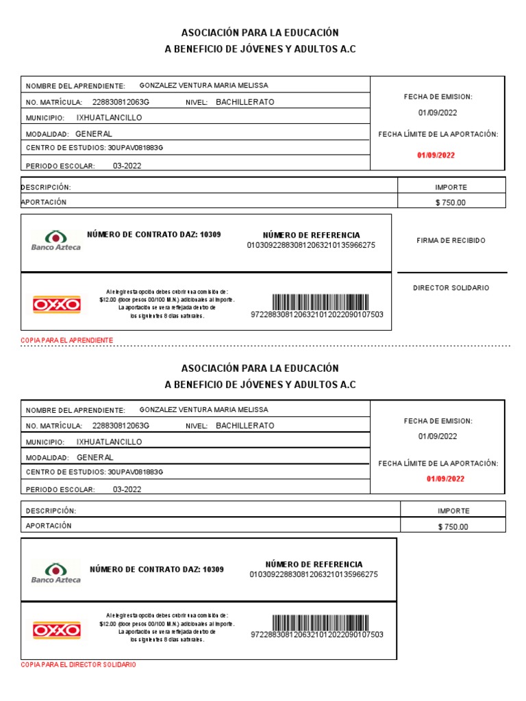 Recibo de pago de colegiaturas para María Melissa González Ventura por ...