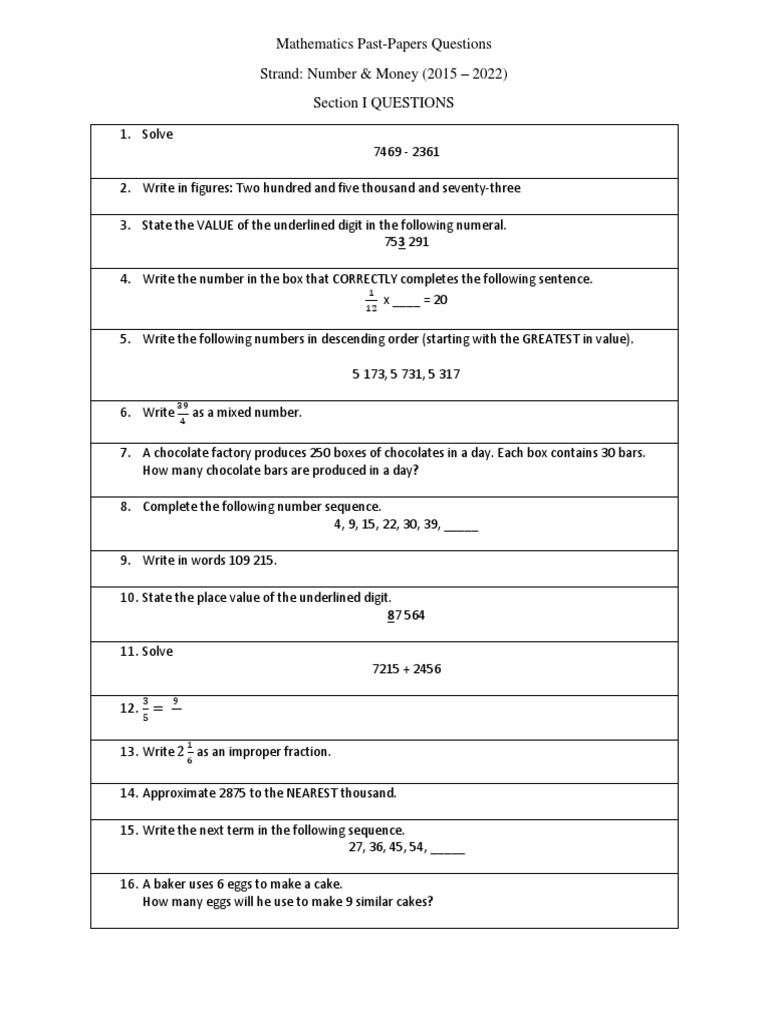 Mathematics Past Papers - Numbers & Money Questions PDF | PDF | Numbers ...