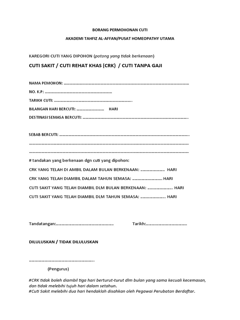 Cuti Sakit / Cuti Rehat Khas (CRK) / Cuti Tanpa Gaji | PDF