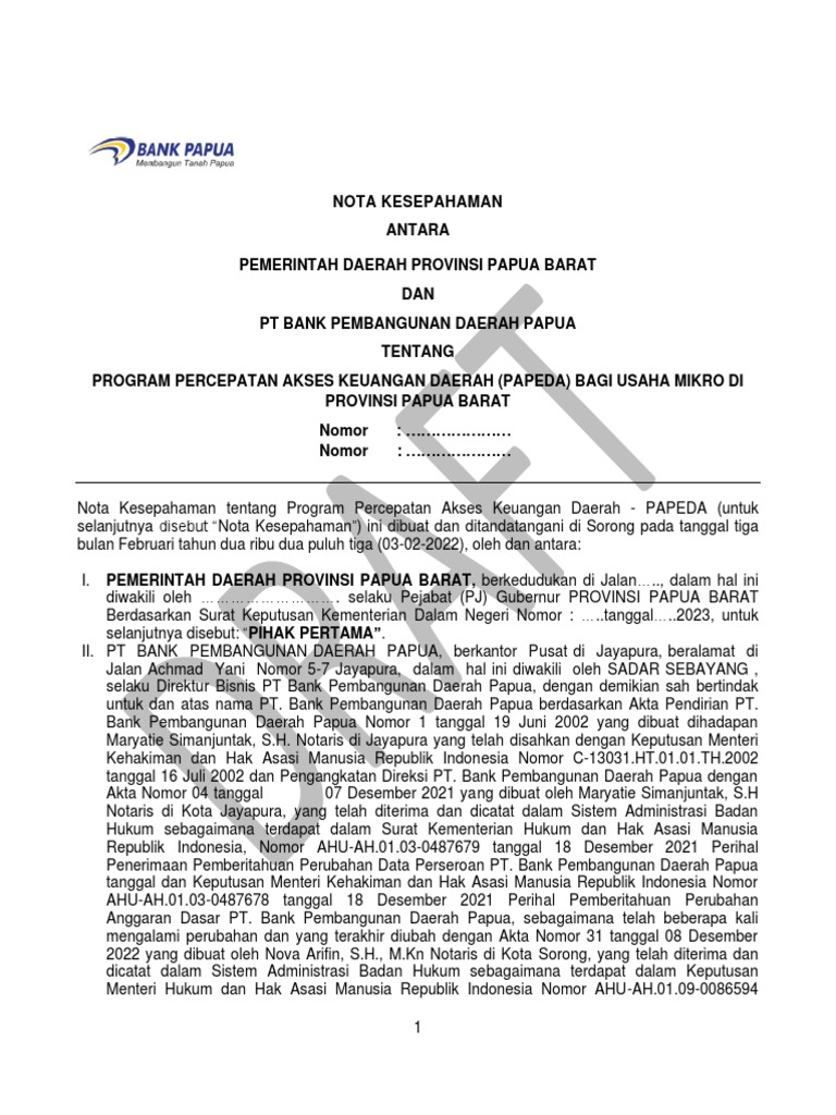 MOU Pemda Papua Barat dan Bank Papua | PDF