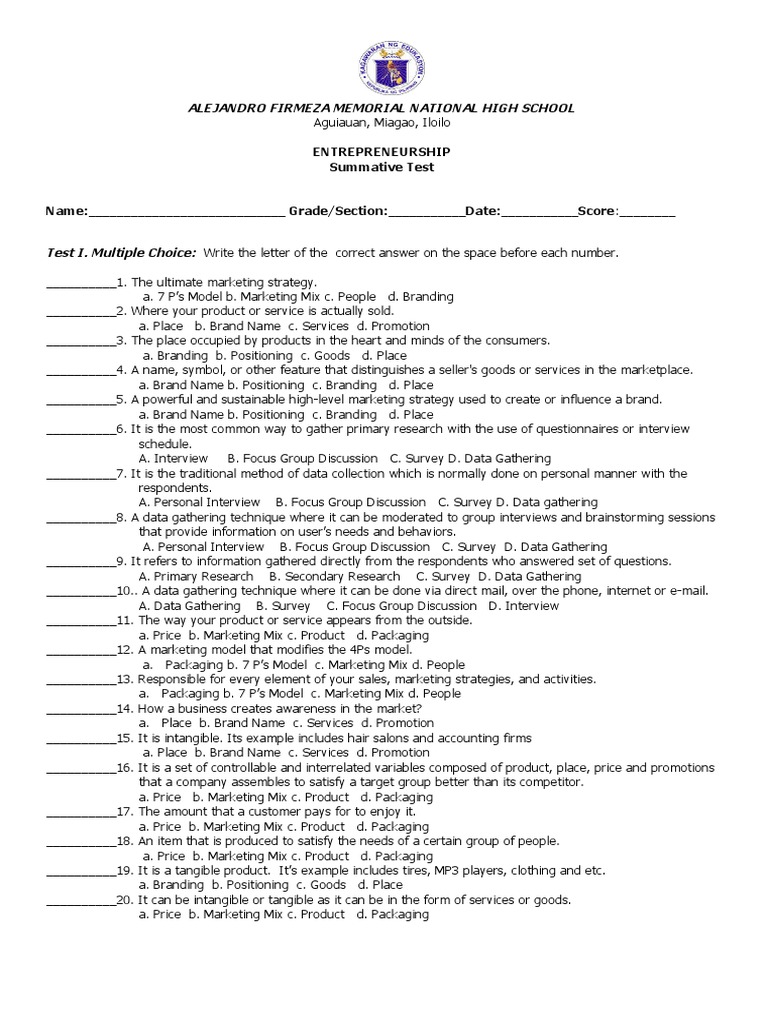 Entrep Summative 2nd5-17-21printing | PDF | Marketing | Product (Business)