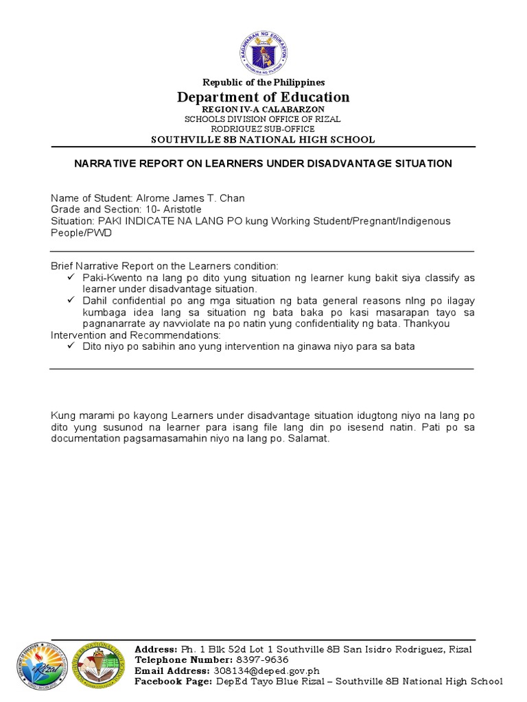 G10 Aristotle Narrative Documentation On Learners Under Disadvantage Situation | PDF