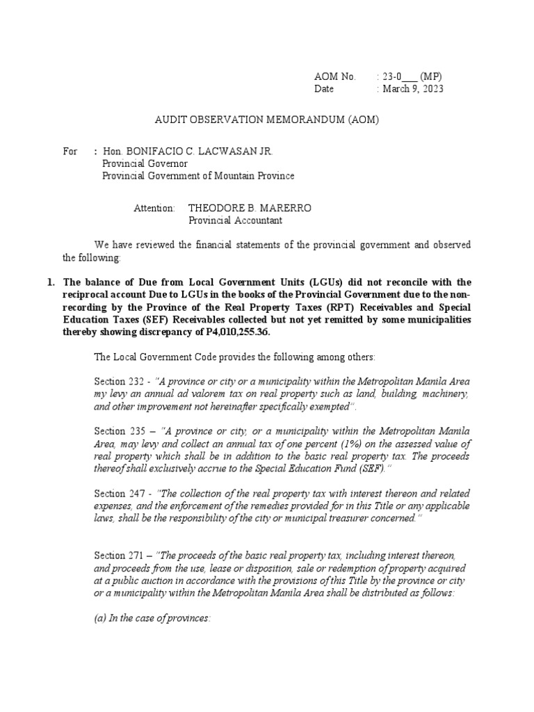 Draft AOM No. On Due From LGUs | PDF | Property Tax | Taxes