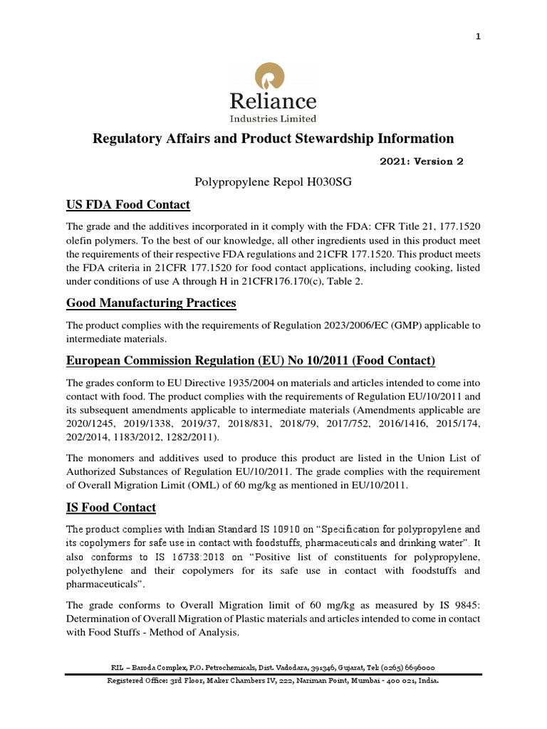 Regulatory Compliance Overview for Polypropylene Repol H030SG | PDF ...
