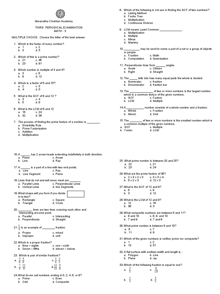 Grade 3 Math Exam Questions | PDF | Line (Geometry) | Perpendicular